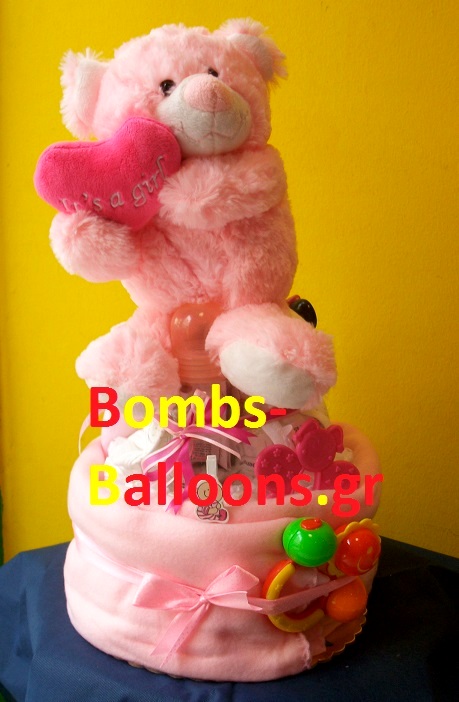 bombs-balloons.gr Diaper cakes Για Κορίτσια Τούρτα με πάνες δύο ορόφων